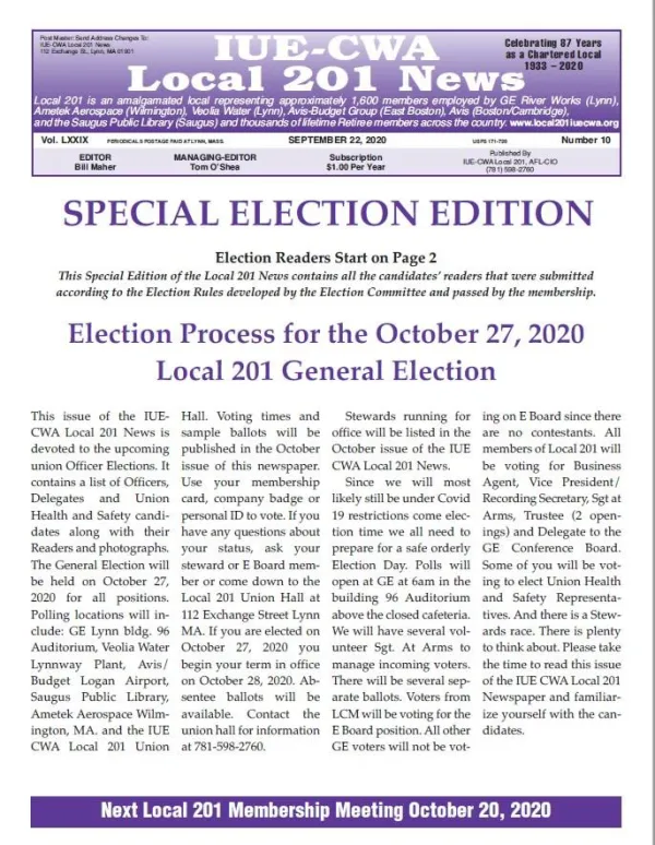201 News Special Election Edition | IUE-CWA Local 201